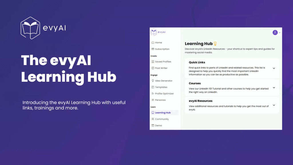evyAI Learning Hub Overview - What is included! · AI for LinkedIn - evyAI.com