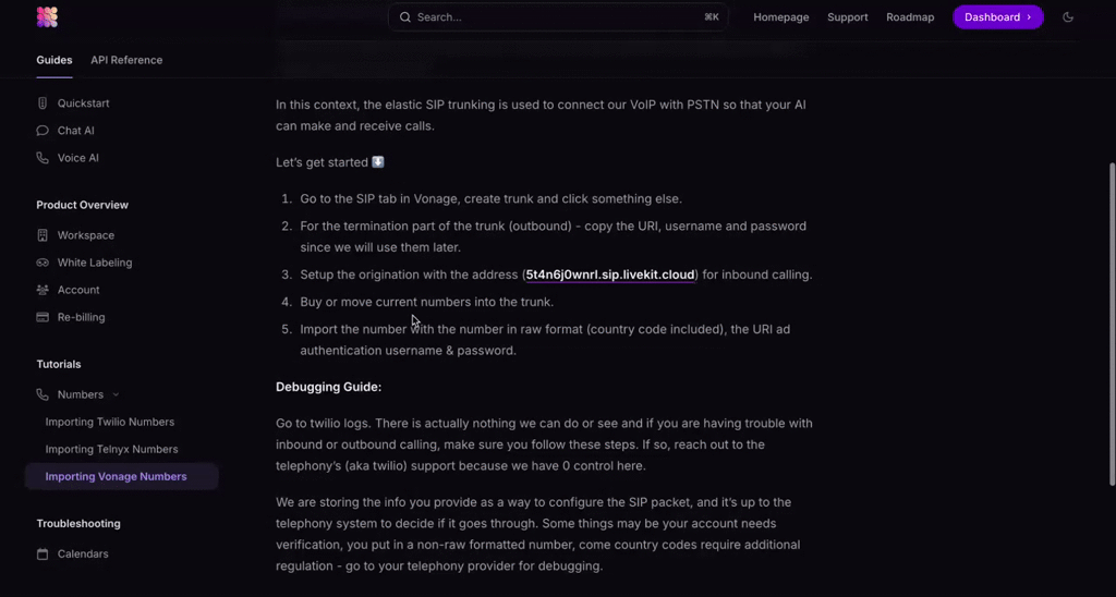 Help with Vonage SIP Trunking · Assistable.ai