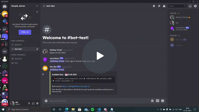 GitHub - akshay-vinod/COWIN-Discord-Bot: Discord Bot to check slot ...